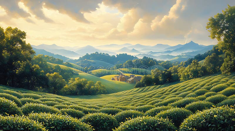 Sunrise Over Rolling Tea Plantation Hills, Village, Mist Stock ...