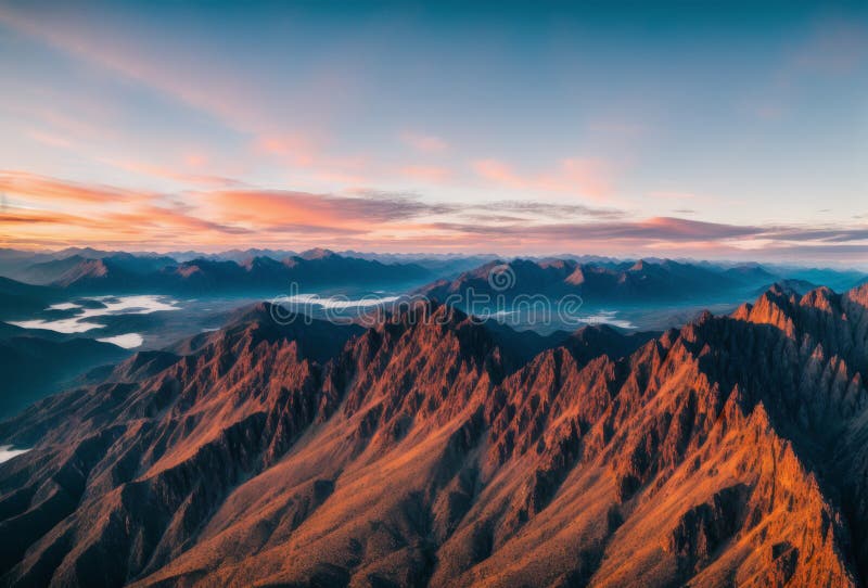 Sunrise Over a Rugged Mountain Range, Seen from a Drone High Above. AI ...