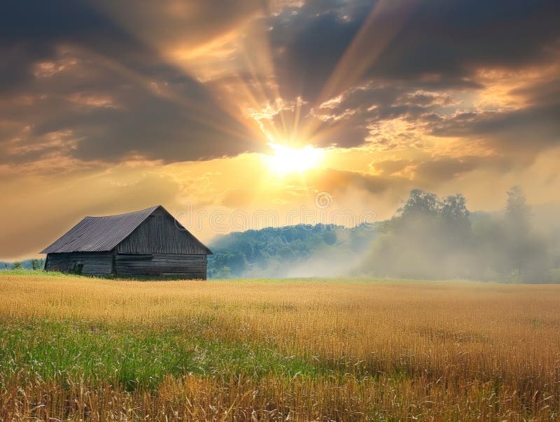 Sunrise Over Rustic Barn in Wheat Field Stock Photo - Image of rays ...
