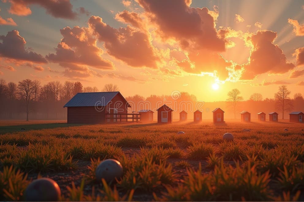 Sunrise Over Rustic Farmhouse and Sheds with Dewy Field and Dramatic ...