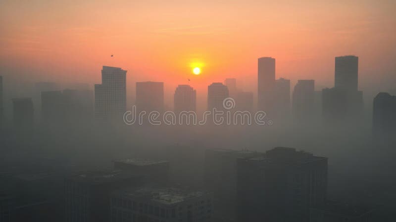 Sunrise Over Seattle Skyline with Buildings in Haze Stock Illustration ...