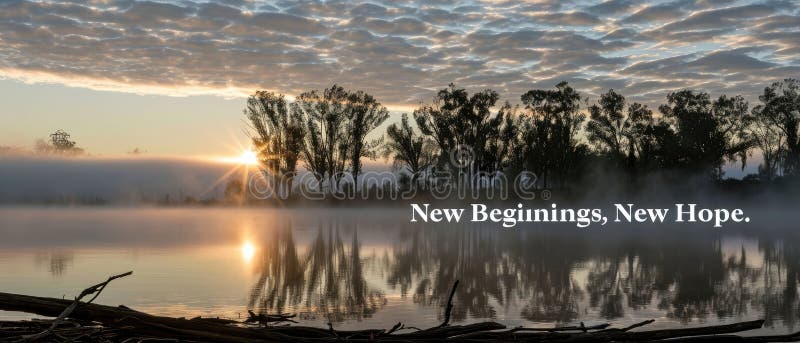 A Sunrise Over a Serene Lake with the Words New Beginnings, New Hope ...