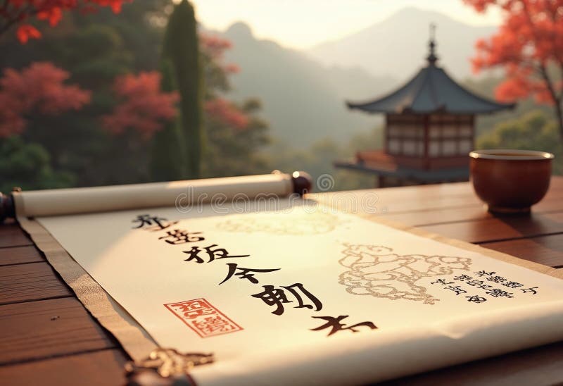 Sunrise Over Serene Landscape with Calligraphy and Traditional ...