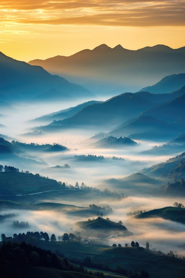 Sunrise Over the Serene Mountain Range in Morning Mist Stock Photo ...