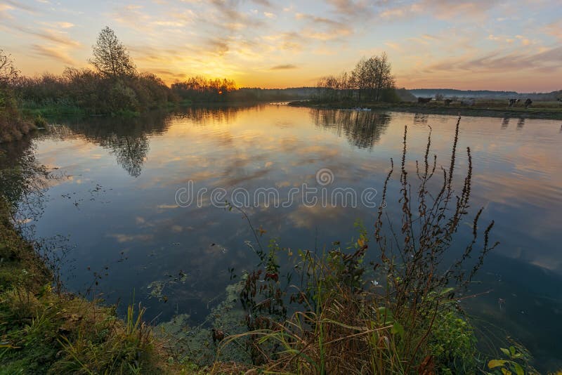 Sunrise over the river stock image. Image of autumn - 239933819