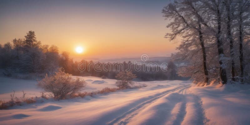 Sunrise Over a Snowy Forest with a Path through the Trees Stock ...