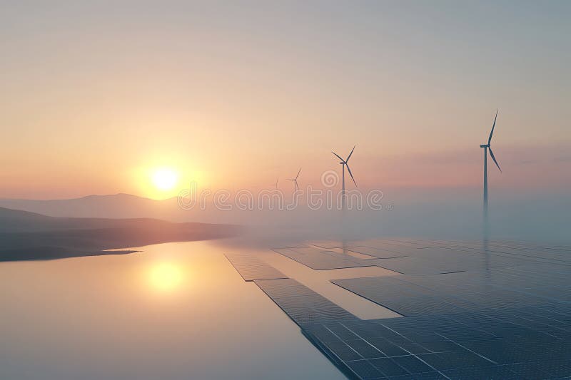 Sunrise Over Solar Panels and Wind Turbines Stock Illustration ...