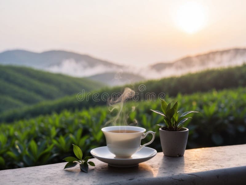 Sunrise Over Tea Plantation with Cup of Tea. Stock Image - Image of ...