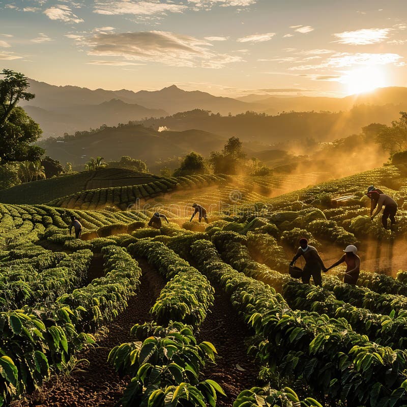 Sunrise Over Tea Plantation Workers Harvesting Stock Illustration ...