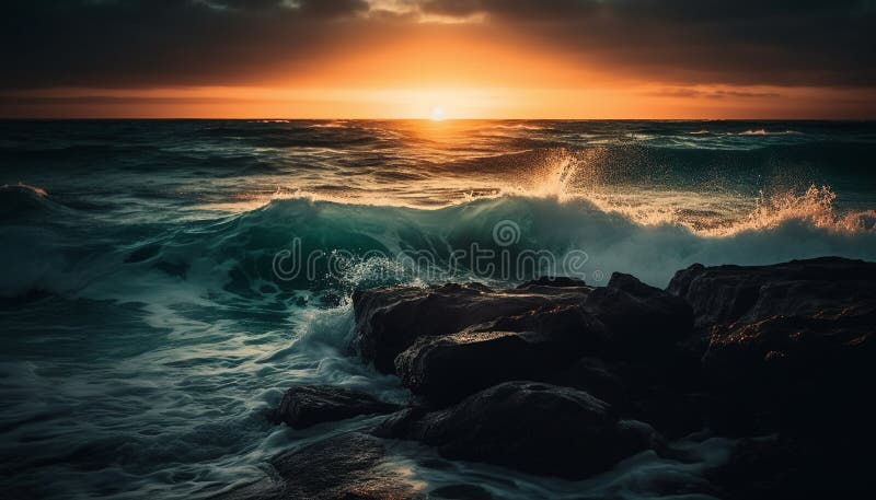Sunrise Over Tranquil Seascape, Dramatic Sky Above Generated by AI ...