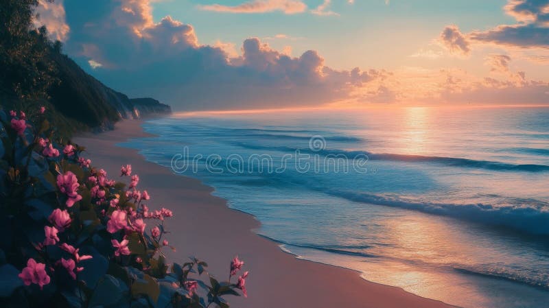 Sunrise Over Tropical Beach with Pink Flowers Stock Illustration ...