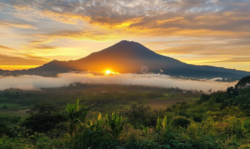 Sunrise Over Volcano, Vibrant Colors, Misty Landscape, Lush Greenery ...