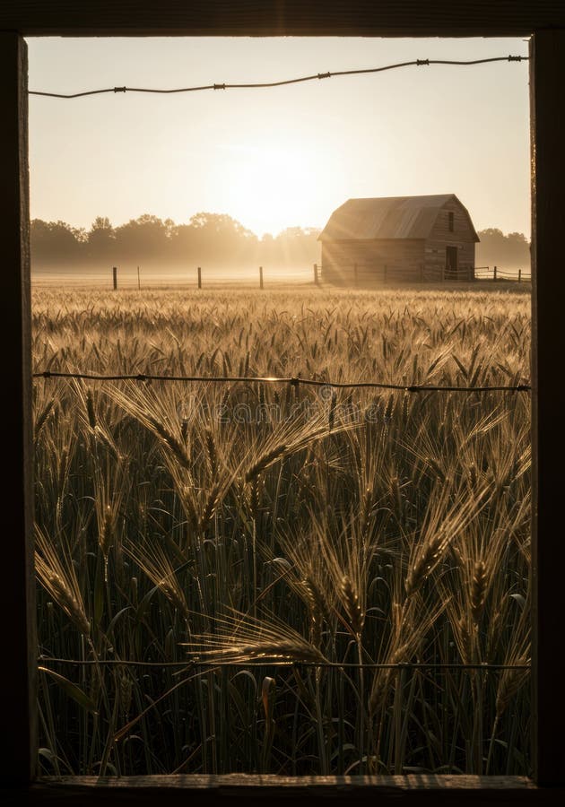 Sunrise Over Wheat Field with Rustic Barn Framed by Window and Wire ...