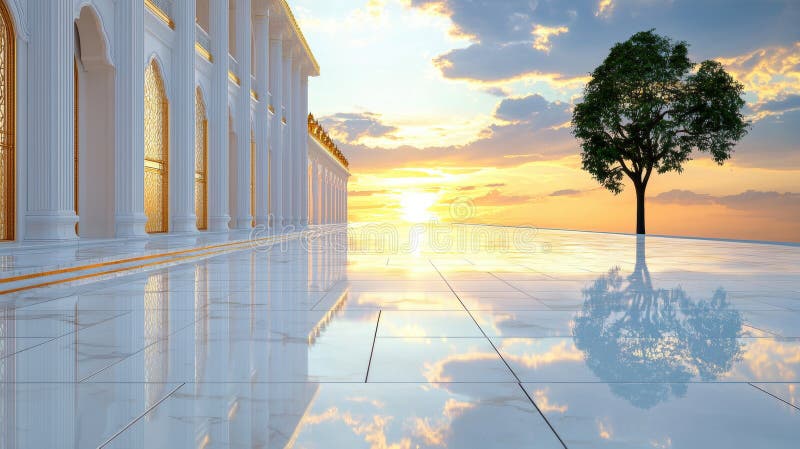 Sunrise Over White Columns and a Tree Stock Illustration - Illustration ...