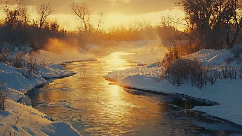 Sunrise Over Winter River: Tranquil Snowy Landscape in Golden Light ...