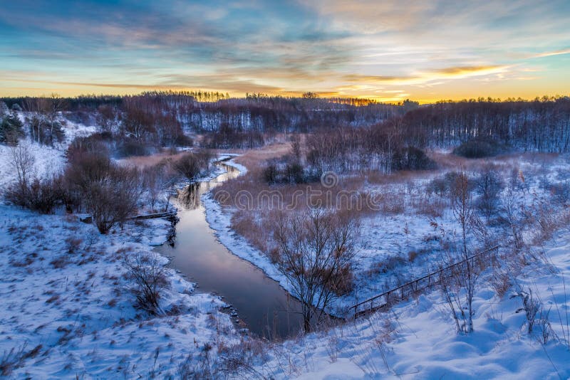 Sunrise Over the Winter Valley Stock Image - Image of light, holiday ...