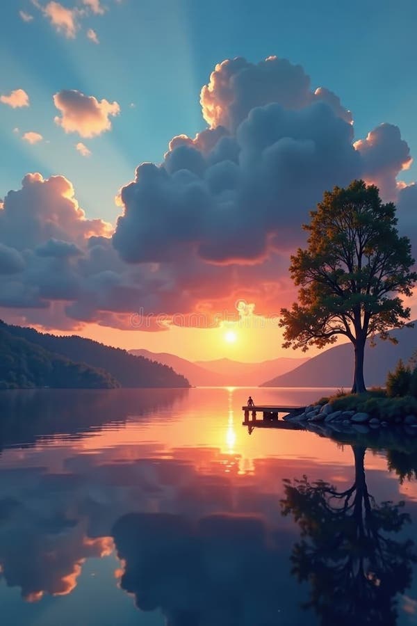 Sunrise Paints Calm Lake Dock Tree Cloud Reflections Vista Lake Stock ...