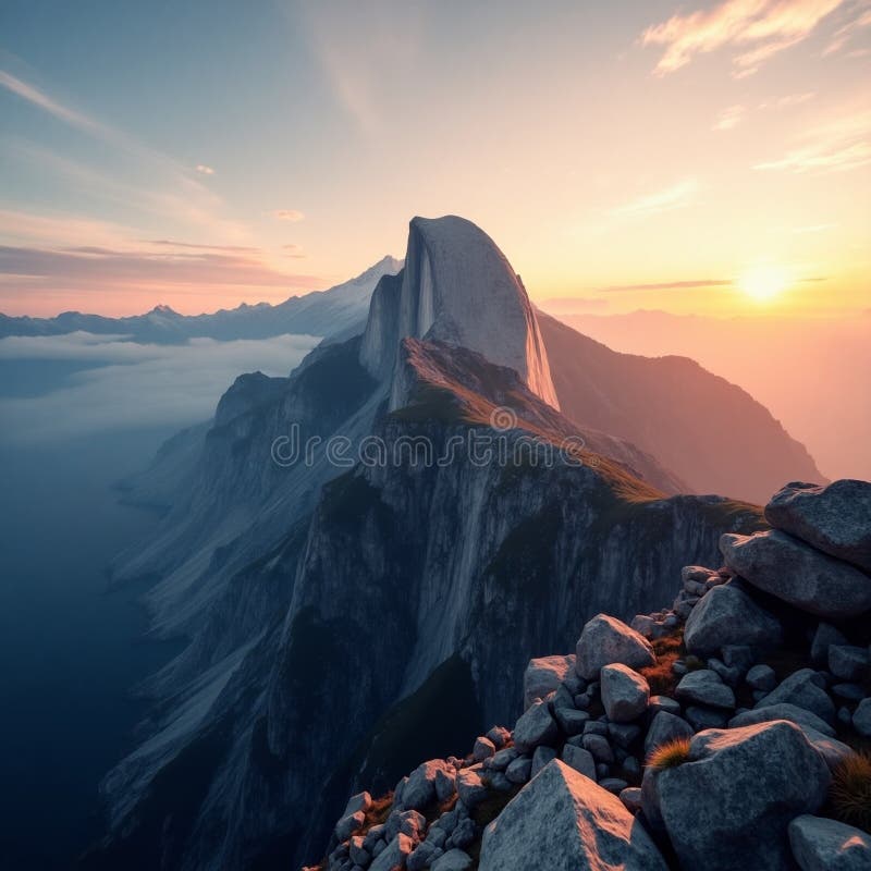 Sunrise Paints Cliffs with Golden Light Above Misty Mountain Range ...