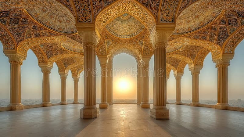 Sunrise Palace Terrace Ornate Columns Frame Desert Sunrise Stock ...