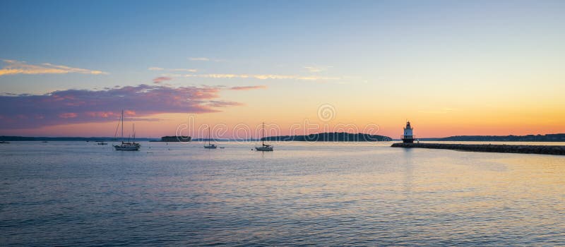 Sunrise Panorama of Spring Point Ledge Lighthouse and a Harbor Stock ...