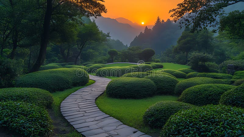 Sunrise Path, Mountain View, Zen Garden, Tranquility, Landscaping Stock ...