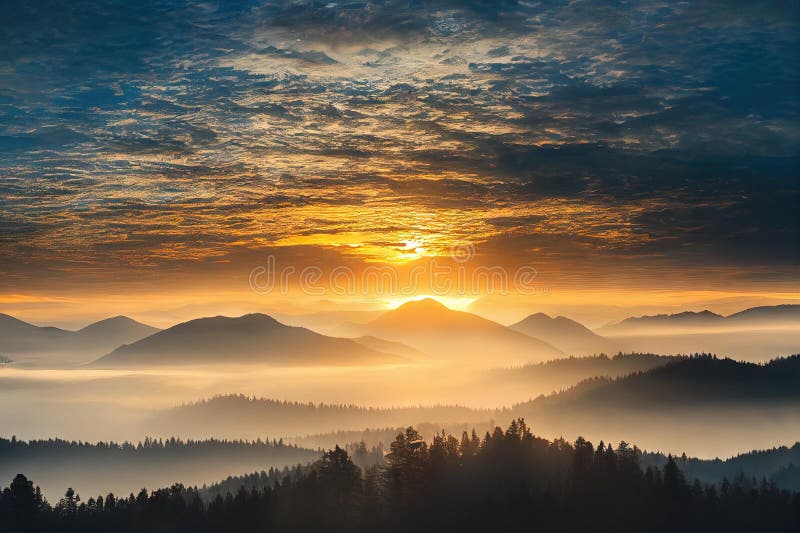 Sunrise in Quiet Clear Weather in Mysterious Misty Forest. Stock ...
