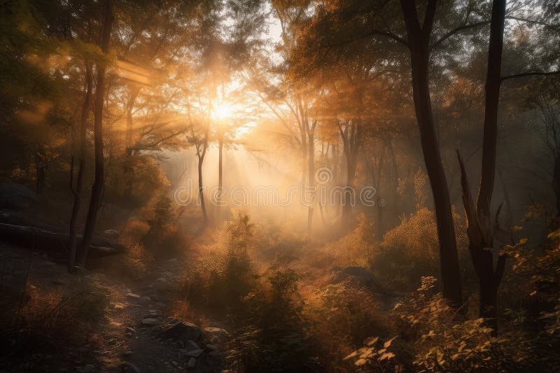 Sunrise, with Rays of Light Shining through the Trees and Illuminating ...