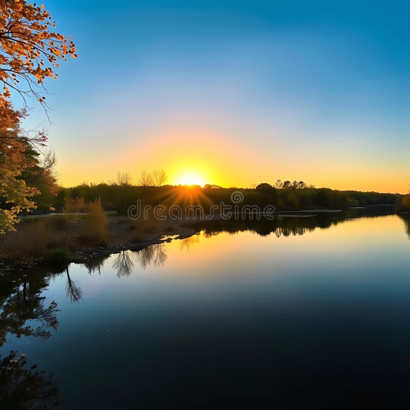 Sunrise Reflection on Still River with Autumn Trees Stock Illustration - Illustration of serene ...
