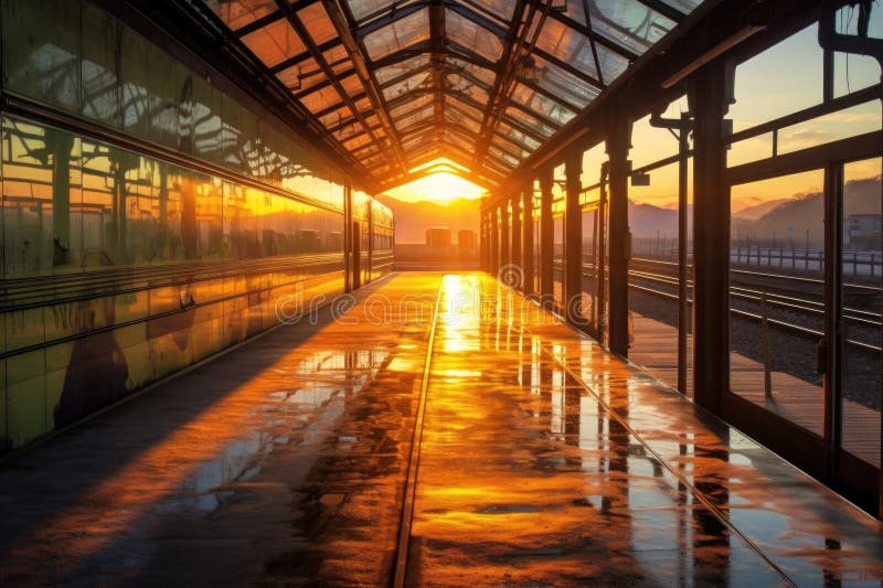 Sunrise Reflection on Train Station Glass Stock Illustration ...