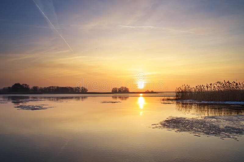 Sunrise on river stock photo. Image of pond, outdoor - 64272670