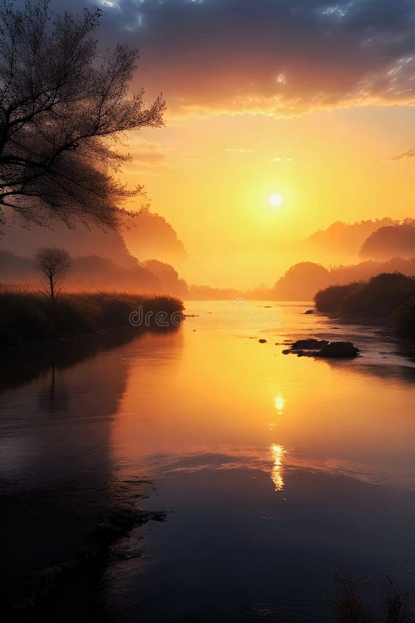 Sunrise through the River with Peaceful River Scene with Beauty. Stock ...