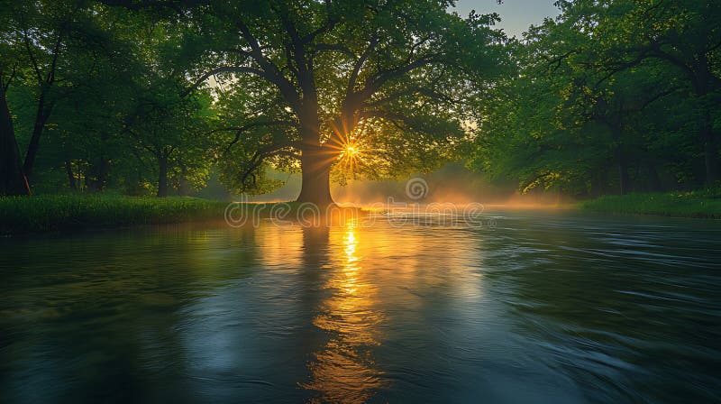 Sunrise River Tree Mist Forest Calm Nature Stock Illustration ...