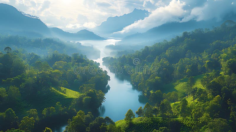 Sunrise River Valley Mist Mountain Landscape Stock Illustration ...