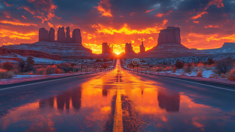 Sunrise Road Reflection, Monument Valley, Winter Stock Illustration - Illustration of highway ...