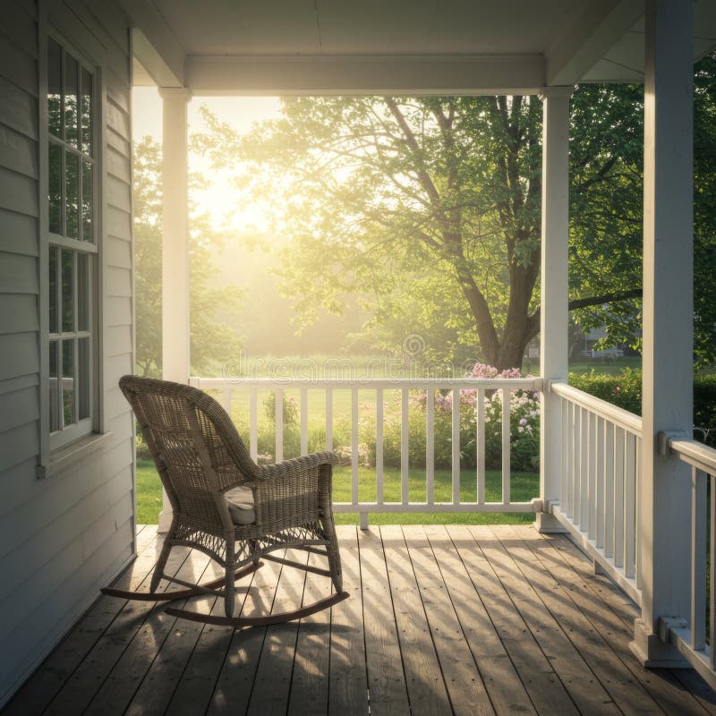 Sunrise on a Rustic Porch with Rocking Chair Stock Illustration ...
