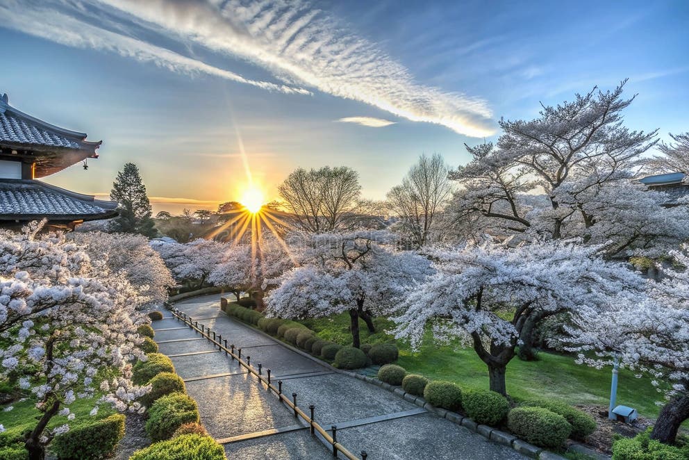 Sunrise Sakura Path at Temple Garden Stock Illustration - Illustration ...