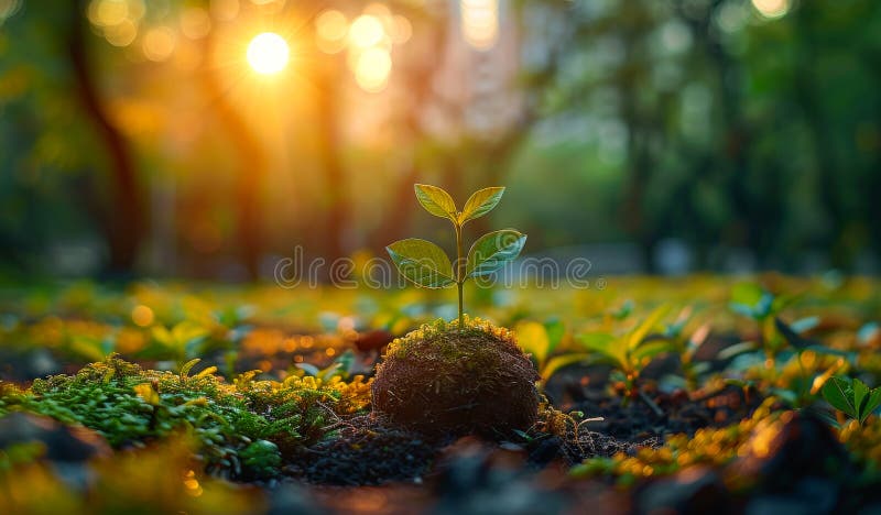 Sunrise Sapling in Forest. a Small Sapling with Green Leaves Sprouts ...