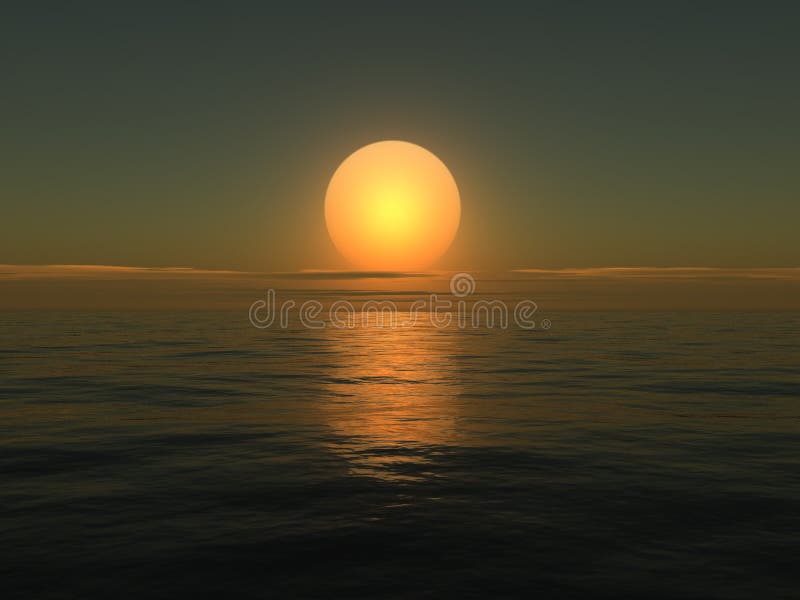 Sunrise on sea. 3d stock illustration. Illustration of cloudscape ...