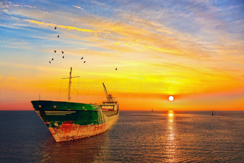 Sunrise with sea stock photo. Image of ship, cargo, marine - 45388818