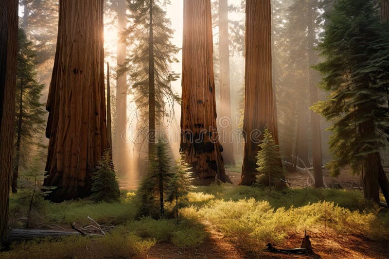 Sunrise in Sequoia Forest, with Rays of Sunlight Shining through the ...