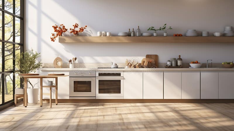 Sunrise Serenity. Captivating Modern Kitchen with Leafy Shadows and ...