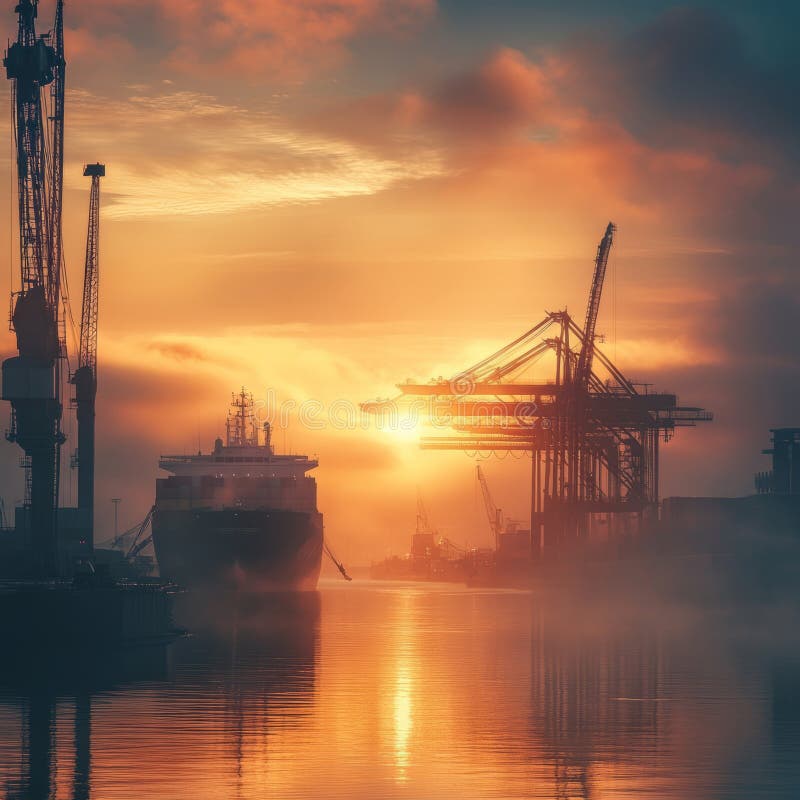 Sunrise at Shipyard Container Cargo Ship and Plane with Crane Bridge in ...