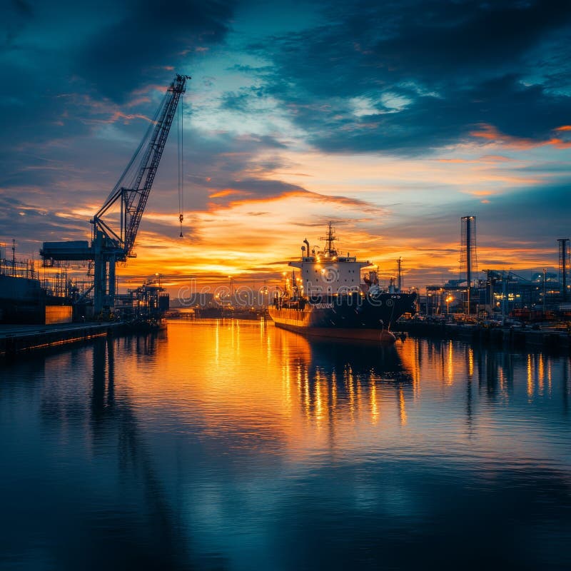 Sunrise at Shipyard Container Ship and Cargo Plane Showcasing Logistics ...