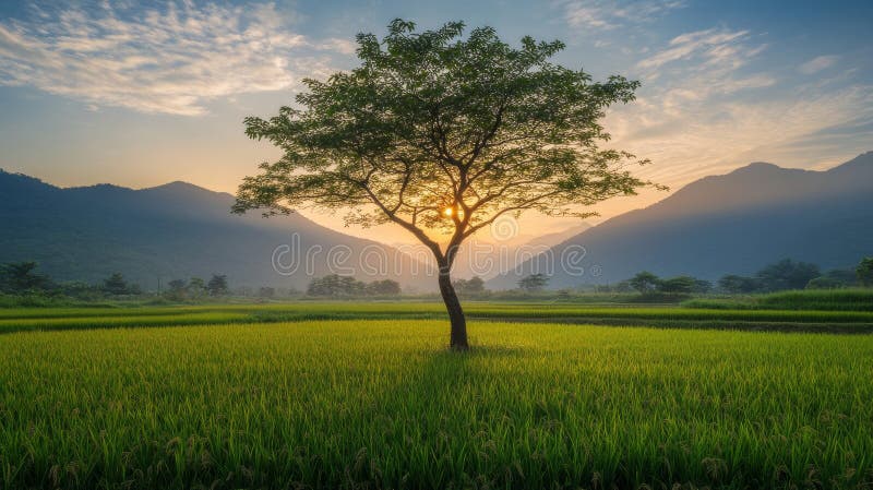 At Sunrise, a Single Tree is Shrouded in Mist Above a Rice Paddy Field ...