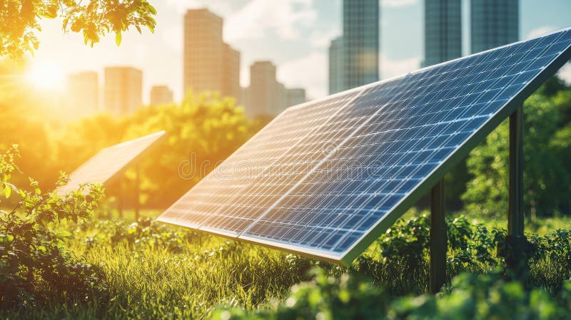 At Sunrise, a Solar Panel is Seen in an Urban Area with Greenery and a ...