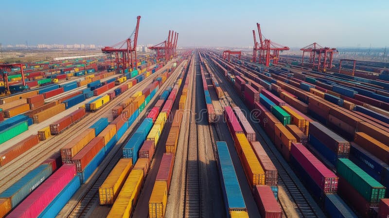 Vast Container Terminal at Sunrise Showcasing Rows of Colorful Freight ...