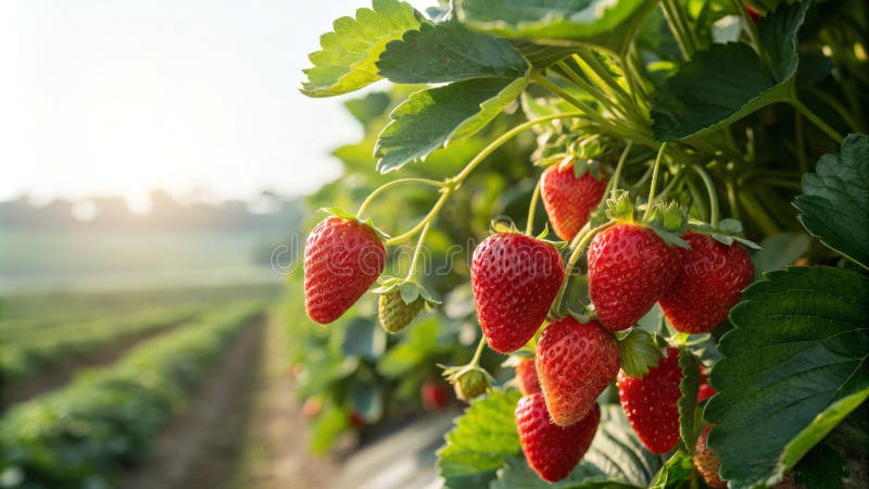 Sunrise Strawberries Lush Field, Close-Up Composition Stock ...
