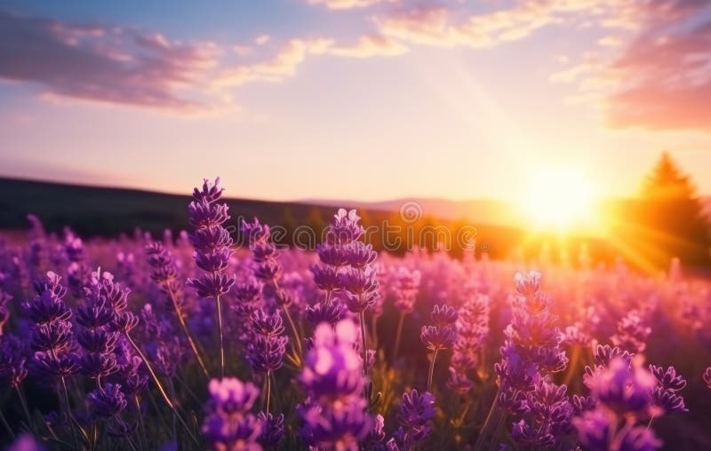Sunrise Sun Over Lavender Field in Summer, Stock Image - Image of ...