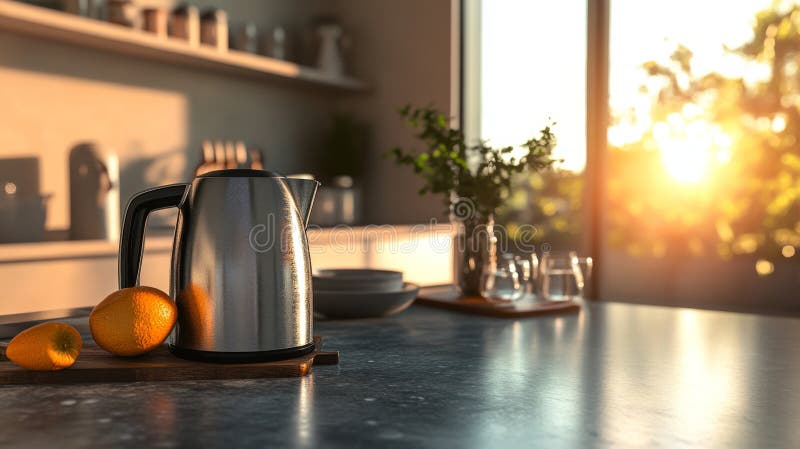Sunrise Sunlight Streams in To Highlight a Modern Kettle on the Kitchen ...