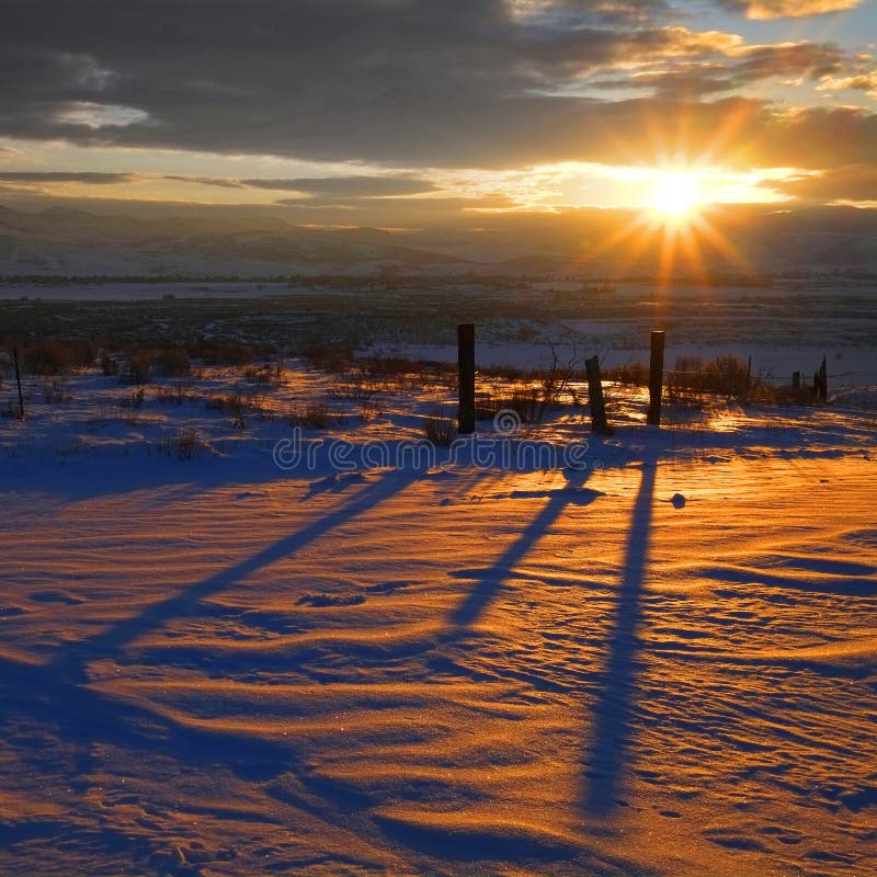Sunrise or Sunset Sunlight Fenceposts Shadows Across the Snow Ground ...